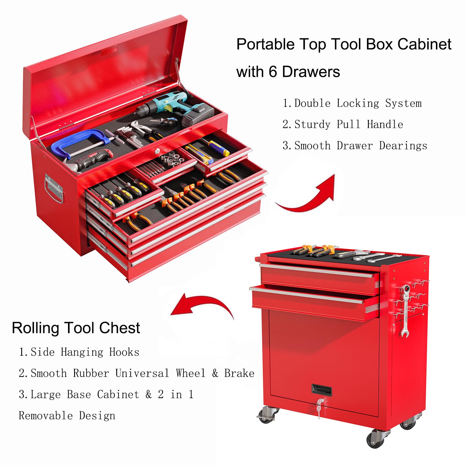 K KELBEL 8 Drawer Rolling Tool Chest Tool Box with Wheels, 2-in-1 Detachable Tool Cabinet with Sliding Drawers & Brake & Locking System for Garage, Warehouse(Red)