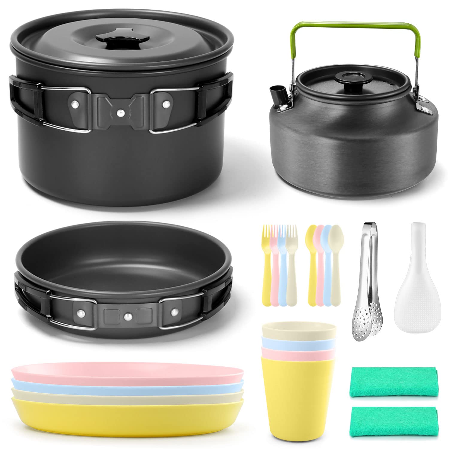 Odoland 24pcs Camping Cookware Kit, Non-Stick Lightweight Pot, Pan, Kettle Set with Plastic Cups, Portable Cookware Accessories for Outdoor Cooking, Hiking, Backpacking and Picnic