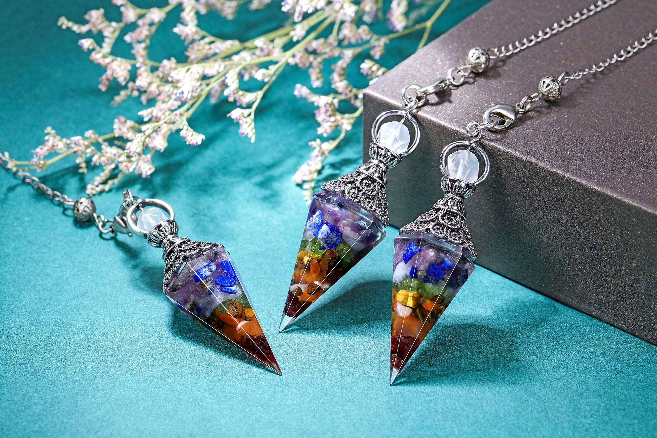 Jovivi 7 Chakra Healing Crystal Pendulums for Dowsing Divination 6 Facet Pointed Healing Wicca Dowsing Balancing Spiritual Resin Gemstone Point Pendant Pendulums