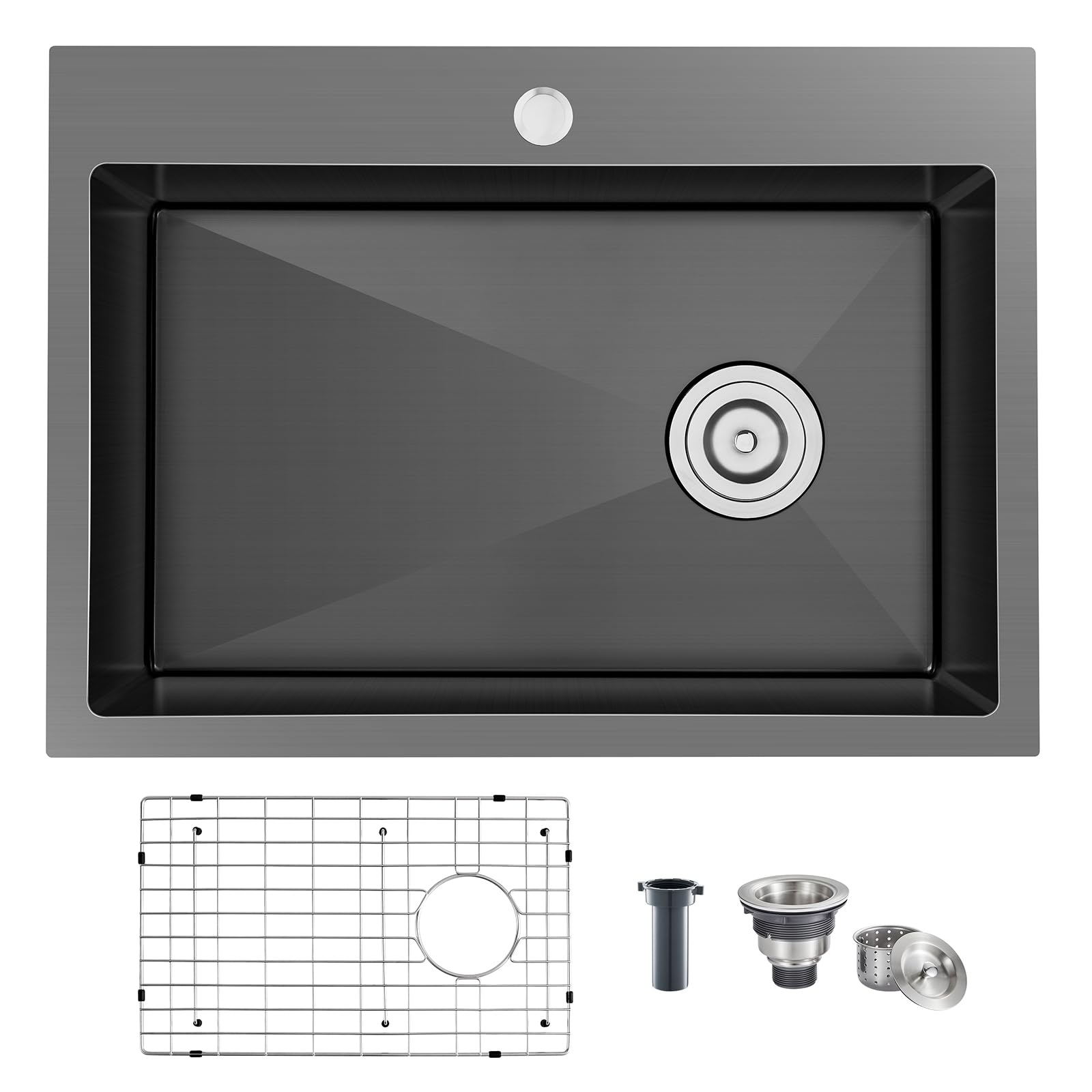 KINKIB 26 inch Drop-in Black Kitchen Sink Single Bowl, Topmount Kitchen Sink with Protective Bottom Grid, Overmount 304 Stainless Steel Kitchen Bar Sink Handmade with Basket Strainer, 26Ć18Ć9 inch