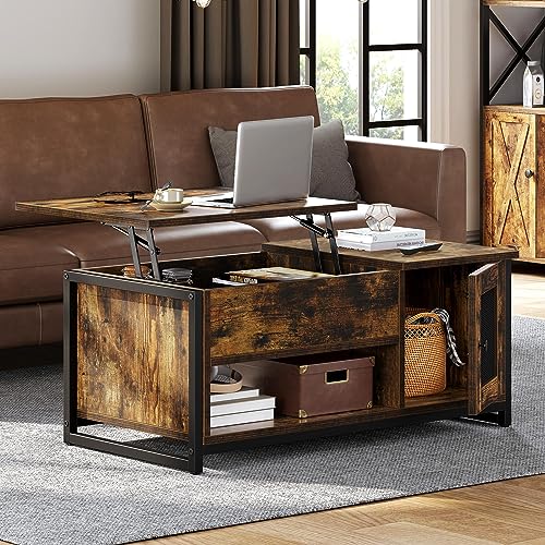 YITAHOME Lift Top Coffee Table, Coffee Table for Living Room,Wood Coffee Table with Storage,Hidden Compartment and Double Metal Mesh Door Cabinet,Rustic Brown