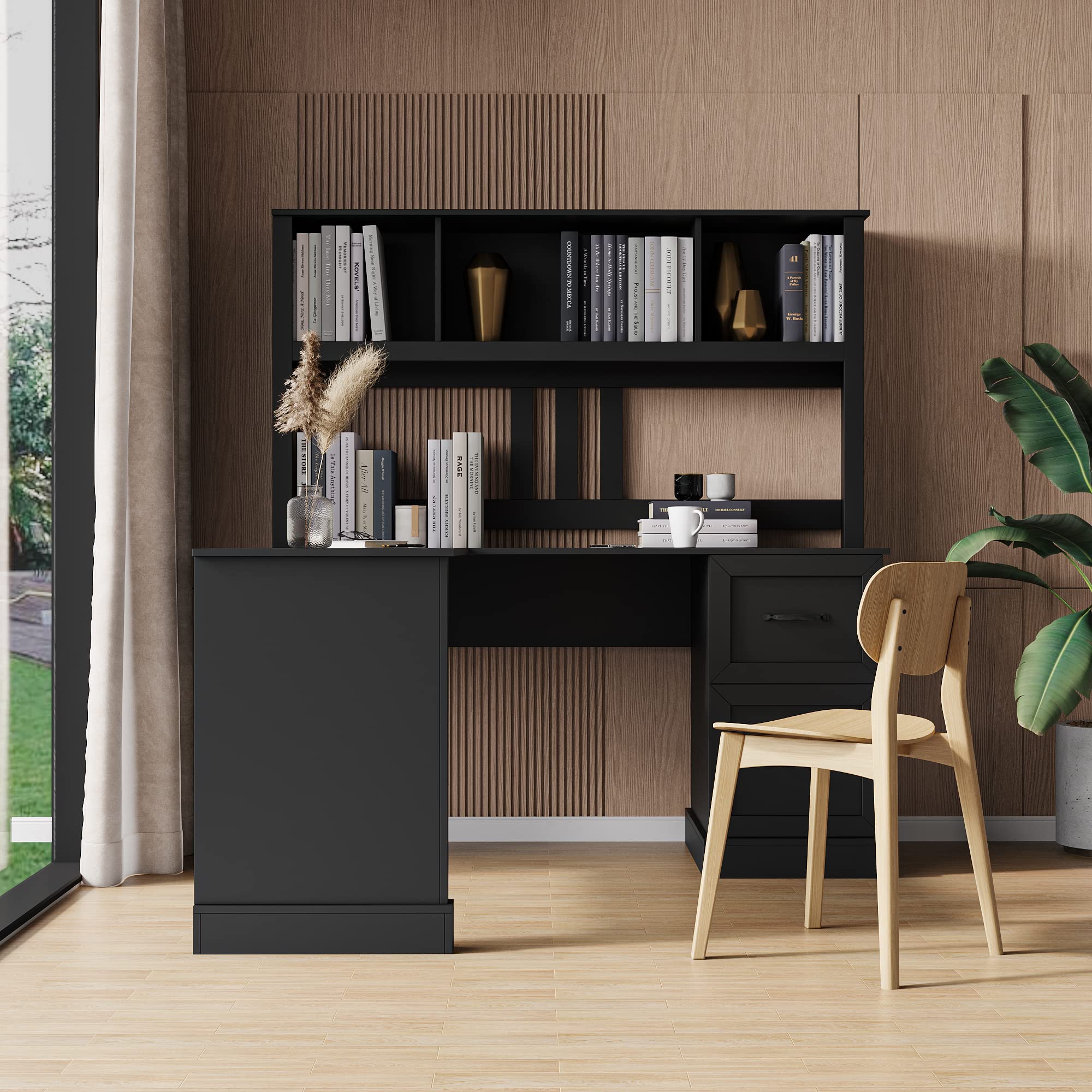 KLIECH Modern Home Office Computer Desk with Hutch,Large Working Space for Kids Adults Bedroom Living Room,Antiqued Black Finish