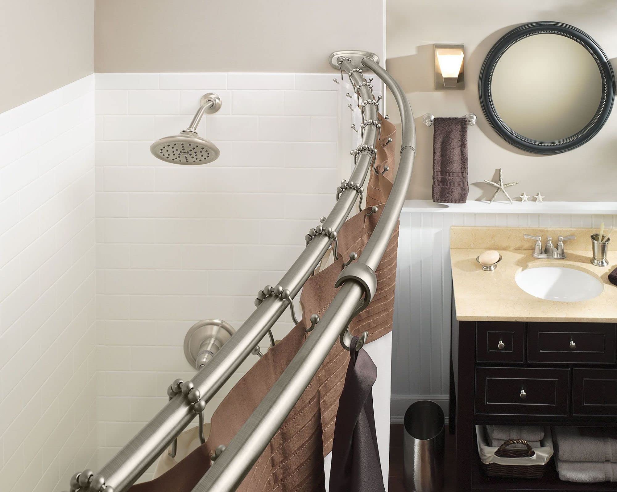 Moen Brushed Nickel Adjustable 57 to 60-inch Stainless Steel Double Curved Shower Curtain Rod, Wall Mounted with Fixed Brackets, DN2141BN