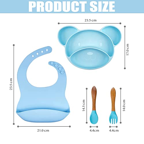 xuan dian Silicone Baby Feeding Set, Silicone Suction Plate Shape Self Feeding Adjustable Bib,Suction Plate for Baby Toddler with Spoon Fork Adjustable Bib Set-Blue