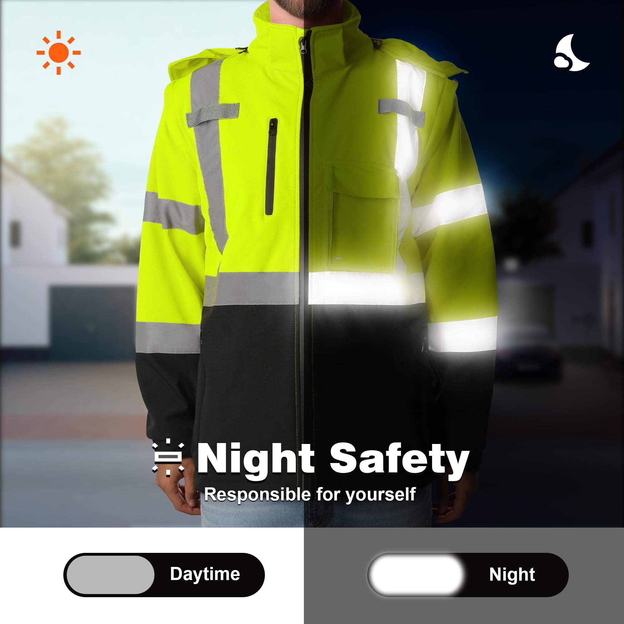 SHORFUNE High Visibility Softshell Waterproof Safety Jacket for Women, Class 3 Reflective Work Jackets with Pockets, Detachable Hood and Sleeves &Black Bottom, L, Yellow