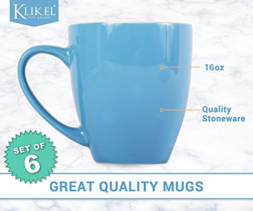Klikel 6 Polka Dot Coffee Mugs Set - 16oz Flat Bottom Porcelain Dinnerware - Bright Polka Dot Colors