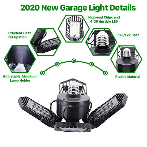 LED Garage Light,60W Four Leaf Tribright Deformable LED Lights, 6000 Lumen Quadruple Glow LED Garage Light, CRI 80, 6000K Retractable Garage Ceiling Light for Warehouse, Basement, Barn (Black-2 Pack)