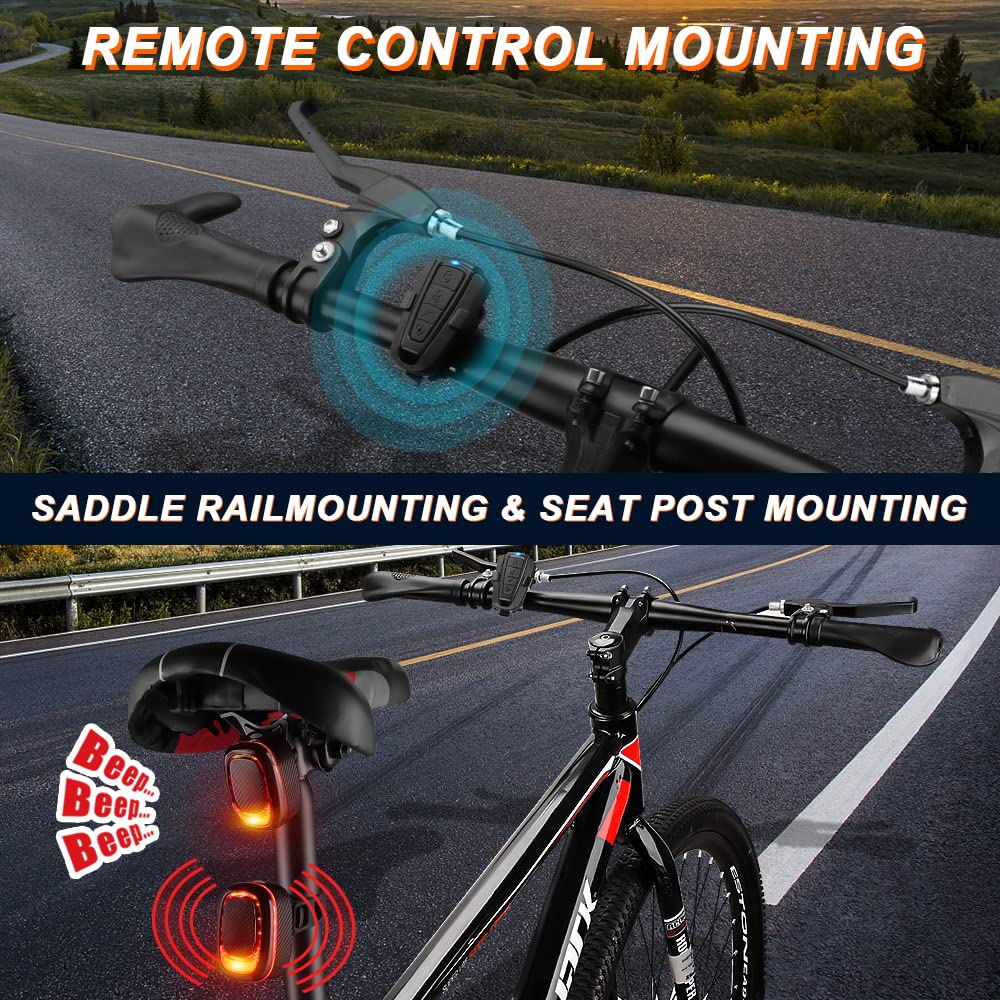 ONVIAN Bicycle Tail Lights with 115dB Bike Alarm 2 Remotes,USB Rechargeable Automatic Brake Sensing Rear Lights for Night Riding 4 Lights Modes IPX5 Waterproof Bike Hron Volume Sensitive Adjustable