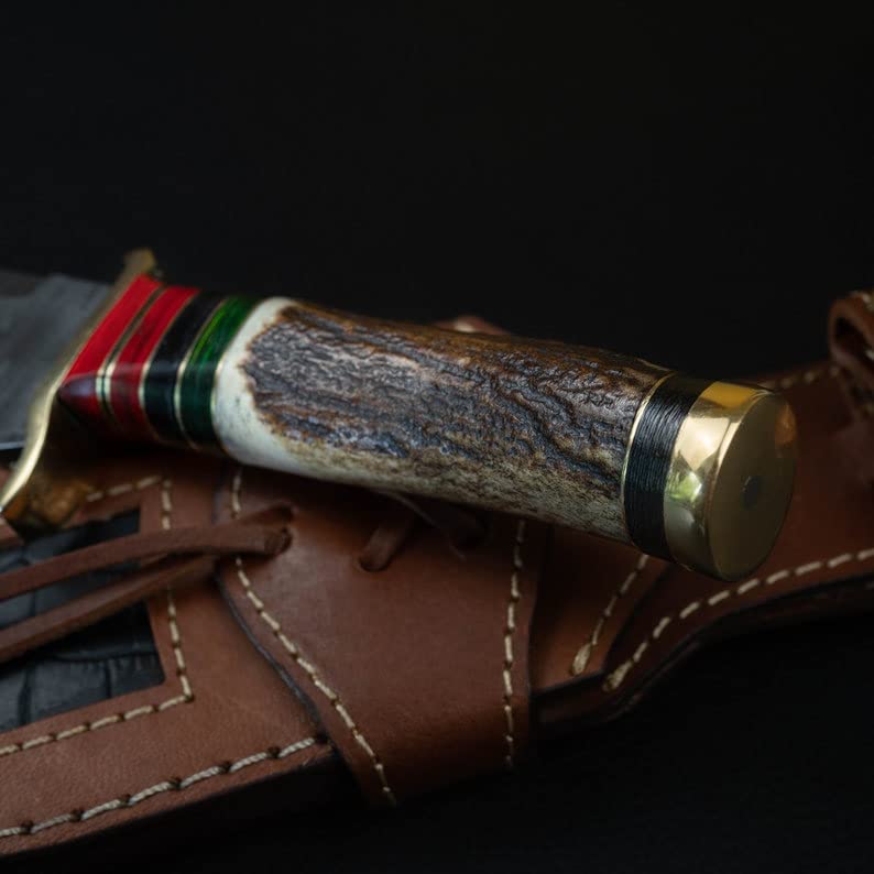 PSK158 - Handmade Damascus Steel Hunting Knife, Stag Horn Handle With Leather Sheath GIFT