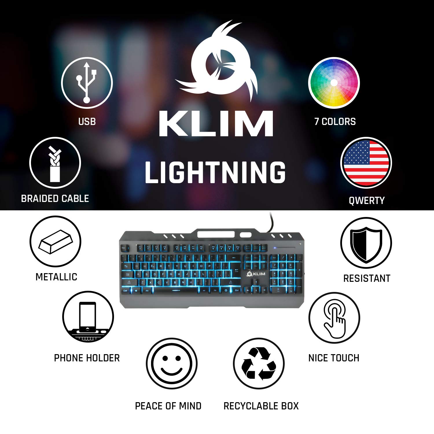KLIM Lightning Gaming Keyboard - New 2023-7 LED Colors - Ergonomic Mechanical Feel Keyboard with Metal Frame - Compatible with PC Mac PS4 PS5 Xbox One - Wired Hybrid Keyboard