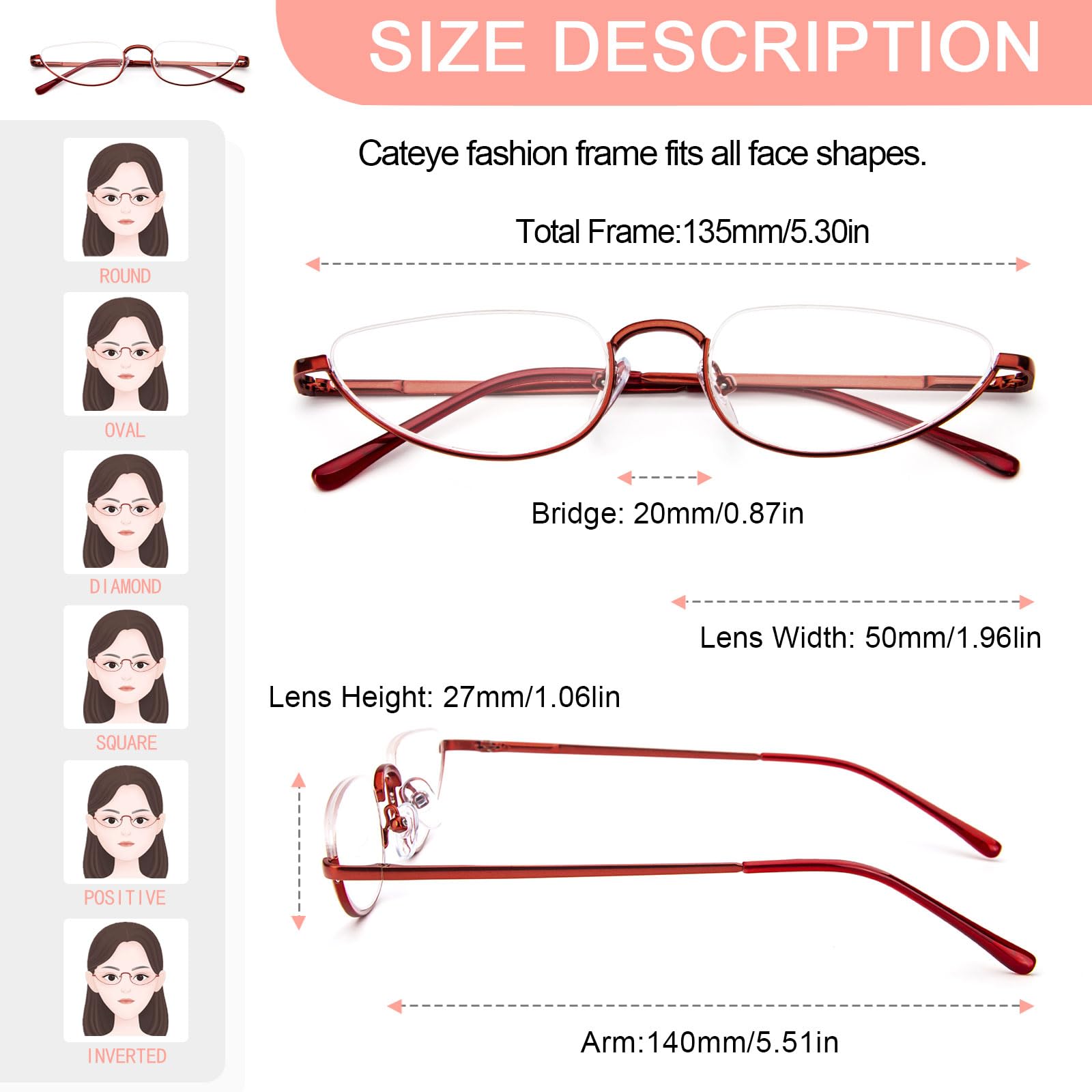 KoKoBin Half Reading Glasses for Men Women,Half Moon Metal Frame Lens Spring Hinge Readers, Purple+Red 2.00