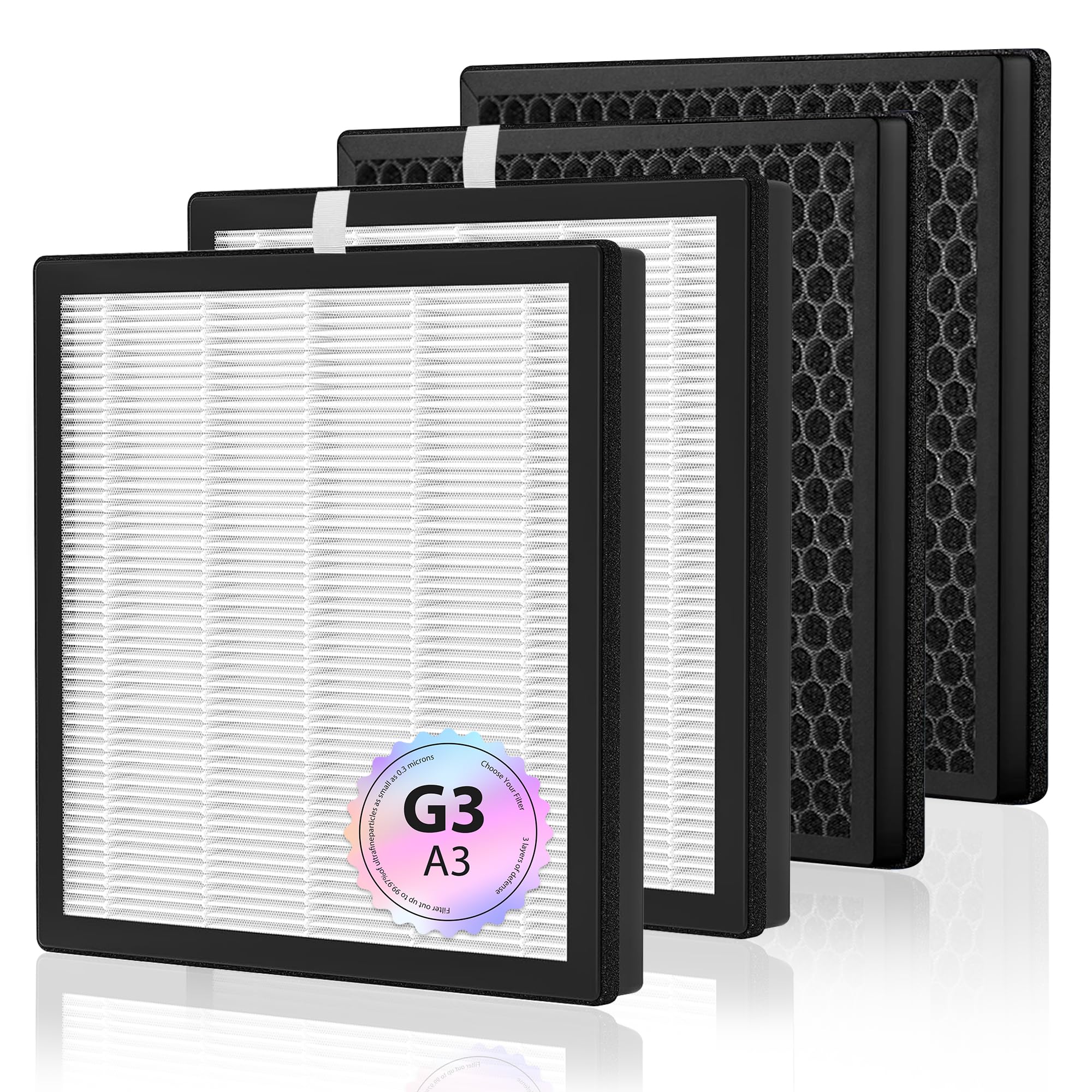 TOMORAL G3 / A3 Replacement Filter Compatible with AMEIFU G3 Air Purifier, also fits VEWIOR A3 & Tailulu HQZZ-260, 3-in-1 True HEPA Filter, Activated Carbon and Pre-Filter, 4-Pack