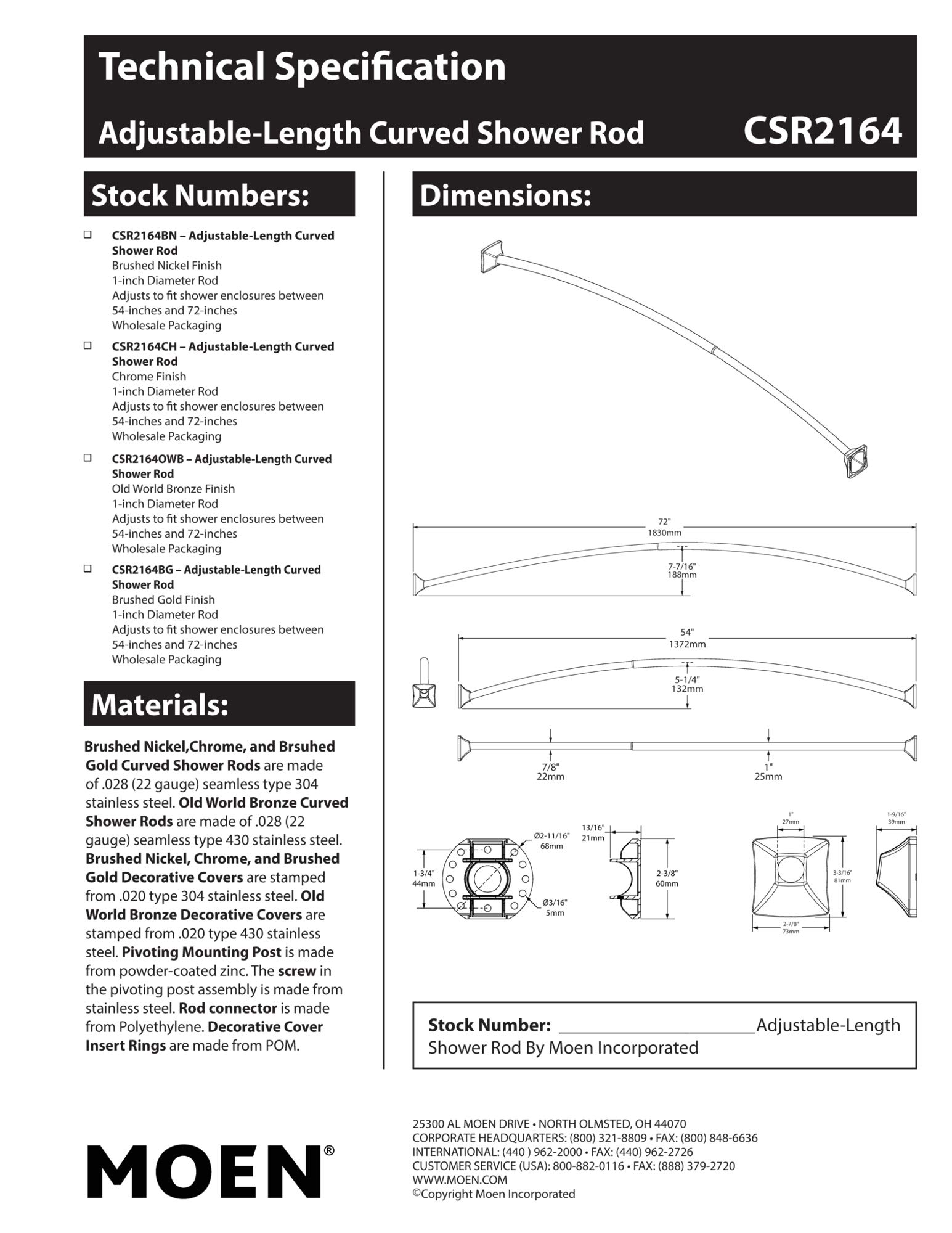 Moen CSR2164CH 72-Inch Permanent Mount Adjustable Curved Shower Rod, Chrome
