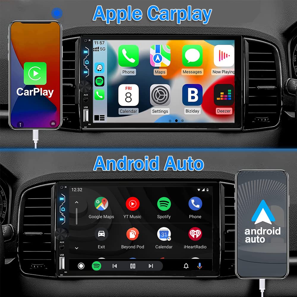 Leadfan Double Din Car Stereo with Apple Carplay and Android Auto,7 Inch Full HD Touchscreen Car Radio Bluetooth, Car Stereo with Backup Camera,Support Mirror Link,Steering Wheel,USB/AUX/Subwoofer