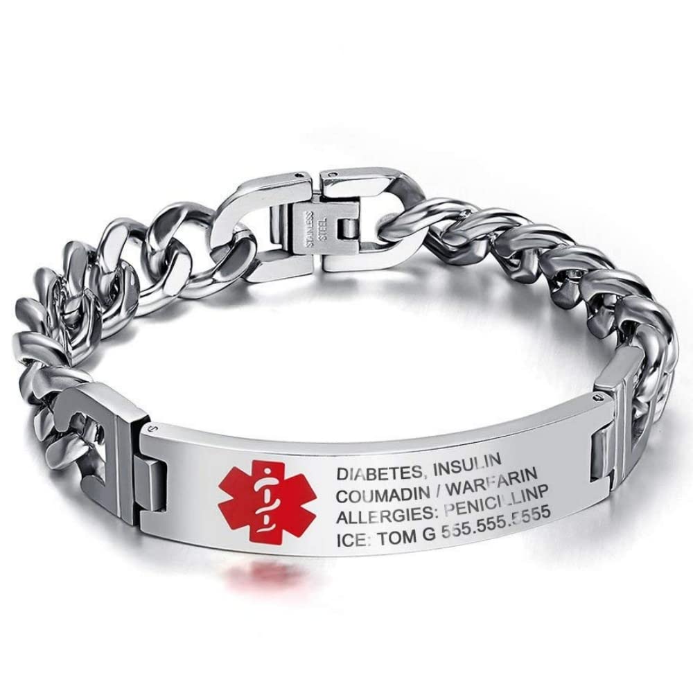 Lam Hub Fong Emergency Medical Alert Bracelets for Women Men Free Engrave Medical ID Bracelets 7.5 to 9.5 Inches Non Tarnish Titanium Steel Alert ID Bracelet (Silver-8.5 inches for men)