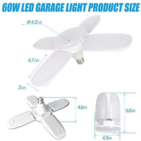 LED Garage Lights, 60W 6000LM Deformable Garage Light with Extension Lamp Holders, E26 Daylight White with 4 Adjustable Panels, 6500K LED Shop Lights for Garage Basement Warehouse Workshop