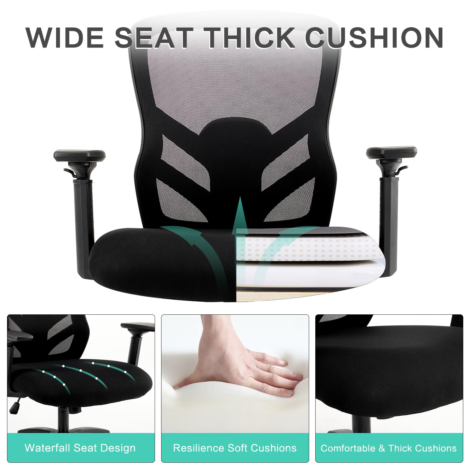 YFO Big and Tall Office Chair 500LBS - Desk Chair with Adjustable Lumbar Support, Heavy Duty Ergonomic Mesh Computer Chair with 360 Rotation 4D Arm and Extra Wide Comfty Seat, Quiet Wheels for Adults