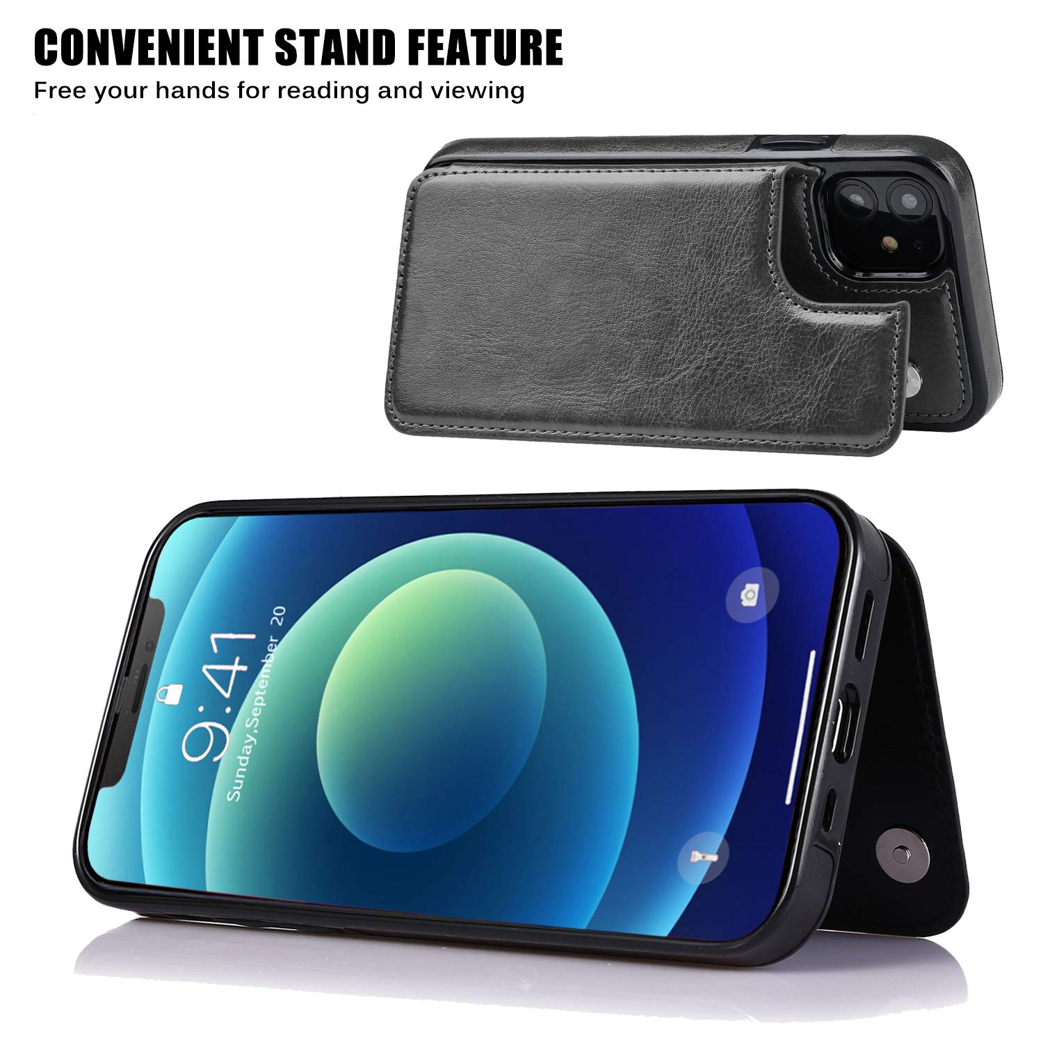 JOYAKI Wallet Case Compatible with iPhone 12 Pro/12,Slim Protective case with Card Holder,Premium PU Leather Kickstand Card Slots Case with 1 Protective Glass for iPhone 12pro/12(6.1") -Black
