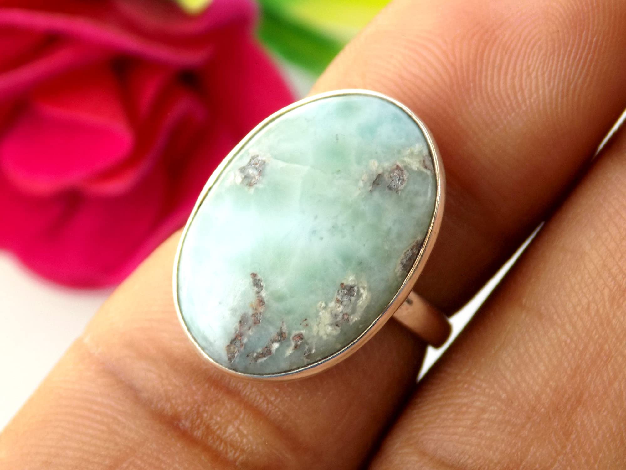 Natural Larimar Ring, Women's Ring, Statement Ring, Simple Bezel Gemstone Ring, (Size- 6.5 USA) Blue