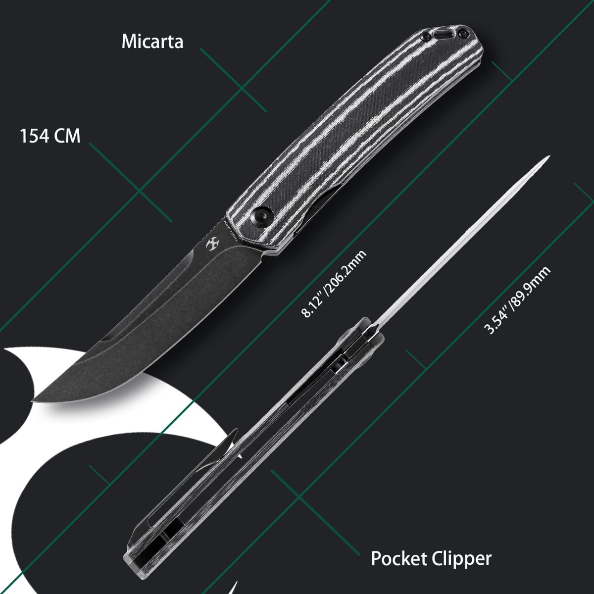 KANSEPT Hazakura EDC Pocket Knife 8.12in Folding Knife with 3.54in Black 154CM Material,Black and White Micarta Handle, Pocket Tactical Knife for Men,Easy Open,Envelope Opener T1019C4