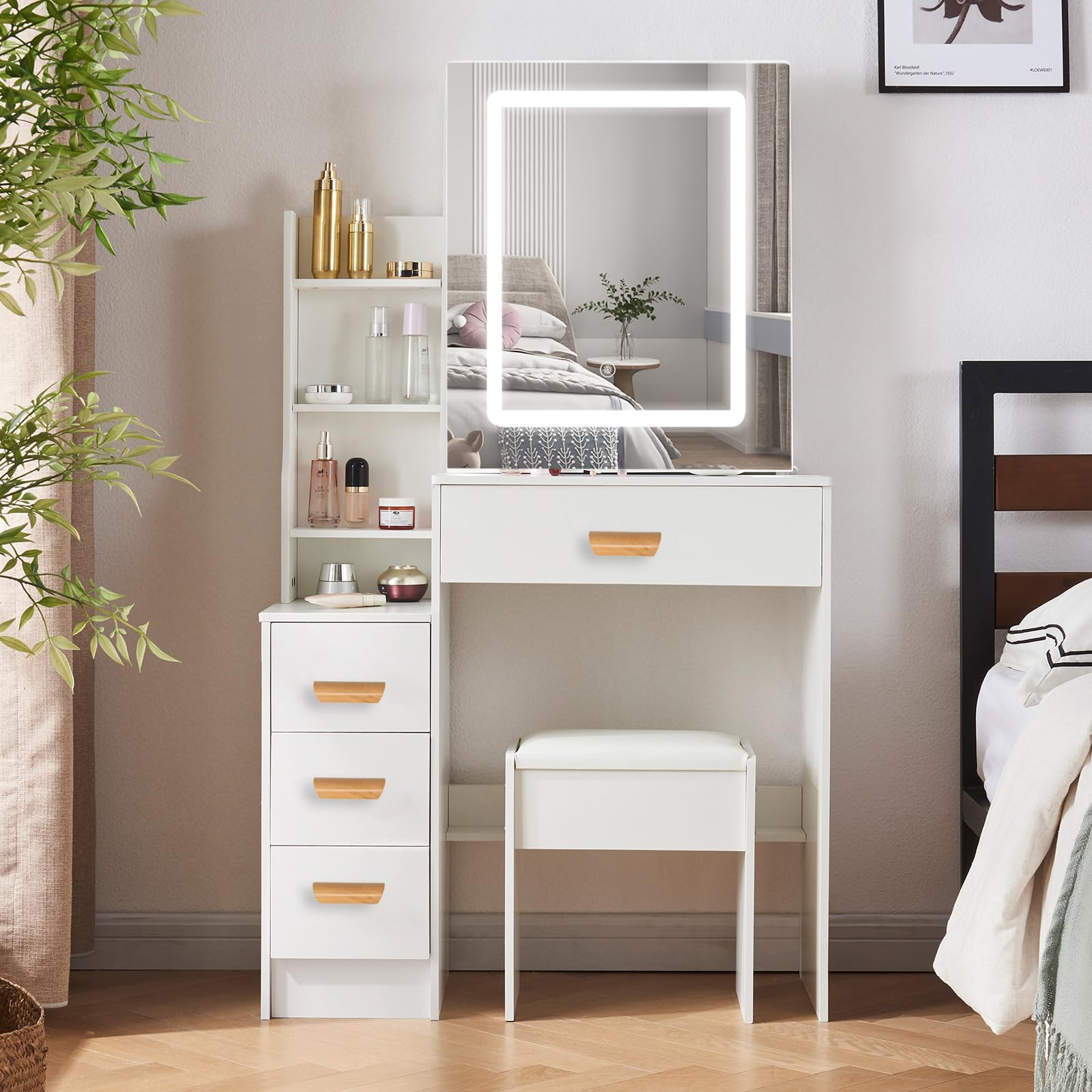 Jarbalai Modern Makeup Table Set with LED Lighted Sliding Mirror, White Vanity Dressing Table with Drawers & Cushion Stool, Large Vanity Set Dresser for Bedroom