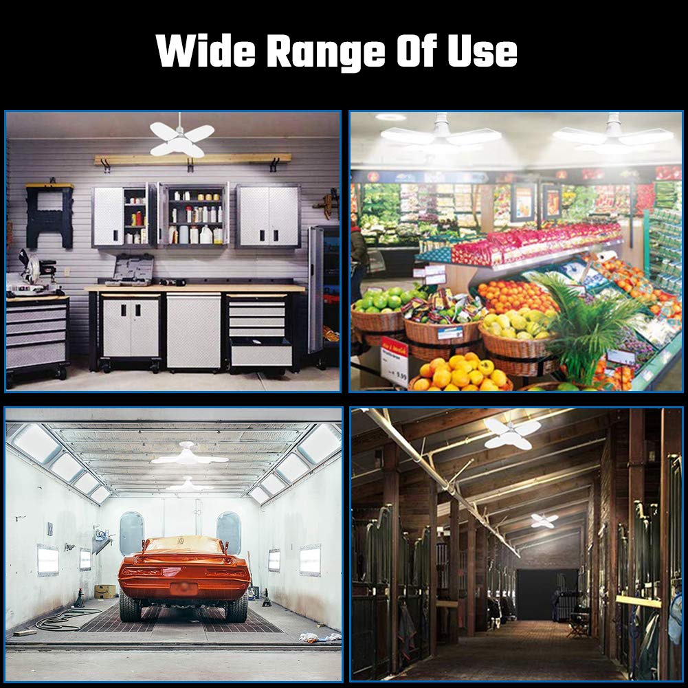 LED Garage Light 60W 6000LM Deformable LED Garage Ceiling Lights E26 6500K Daylight Lamps with 4 Adjustable Panels,Deformable LED Shop Lights for Garage,Warehouse,Workshop,Basement,Barn Lighting