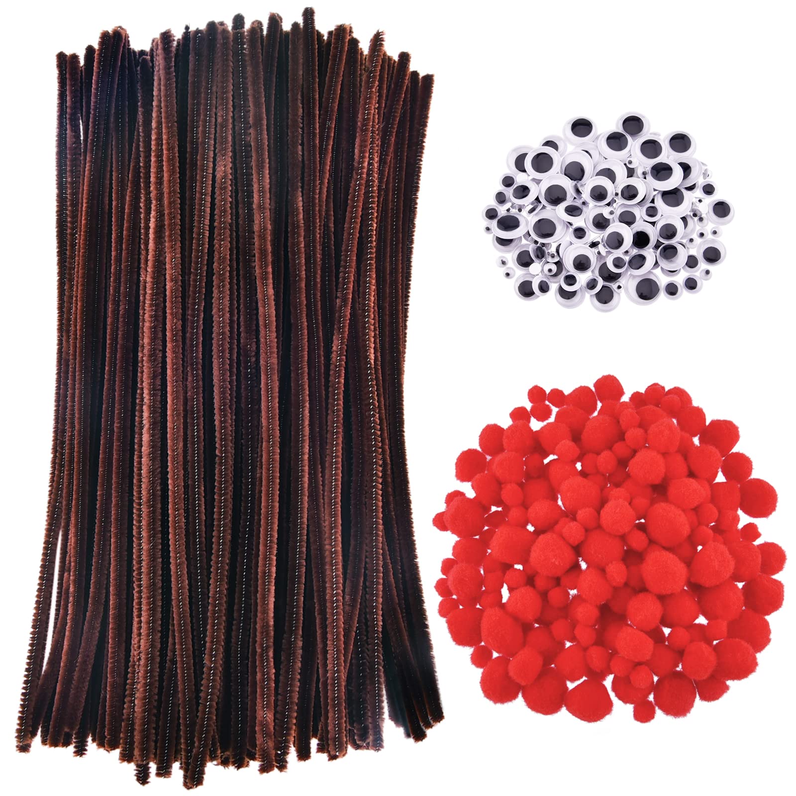 OOQCMM 450 Pieces Christmas Brown Pipe Cleaners Set, Includes 150 Pieces Chenille Stems, 150 Pieces Wiggle Eyes and 150 Pieces Pompoms for Christmas Art Craft