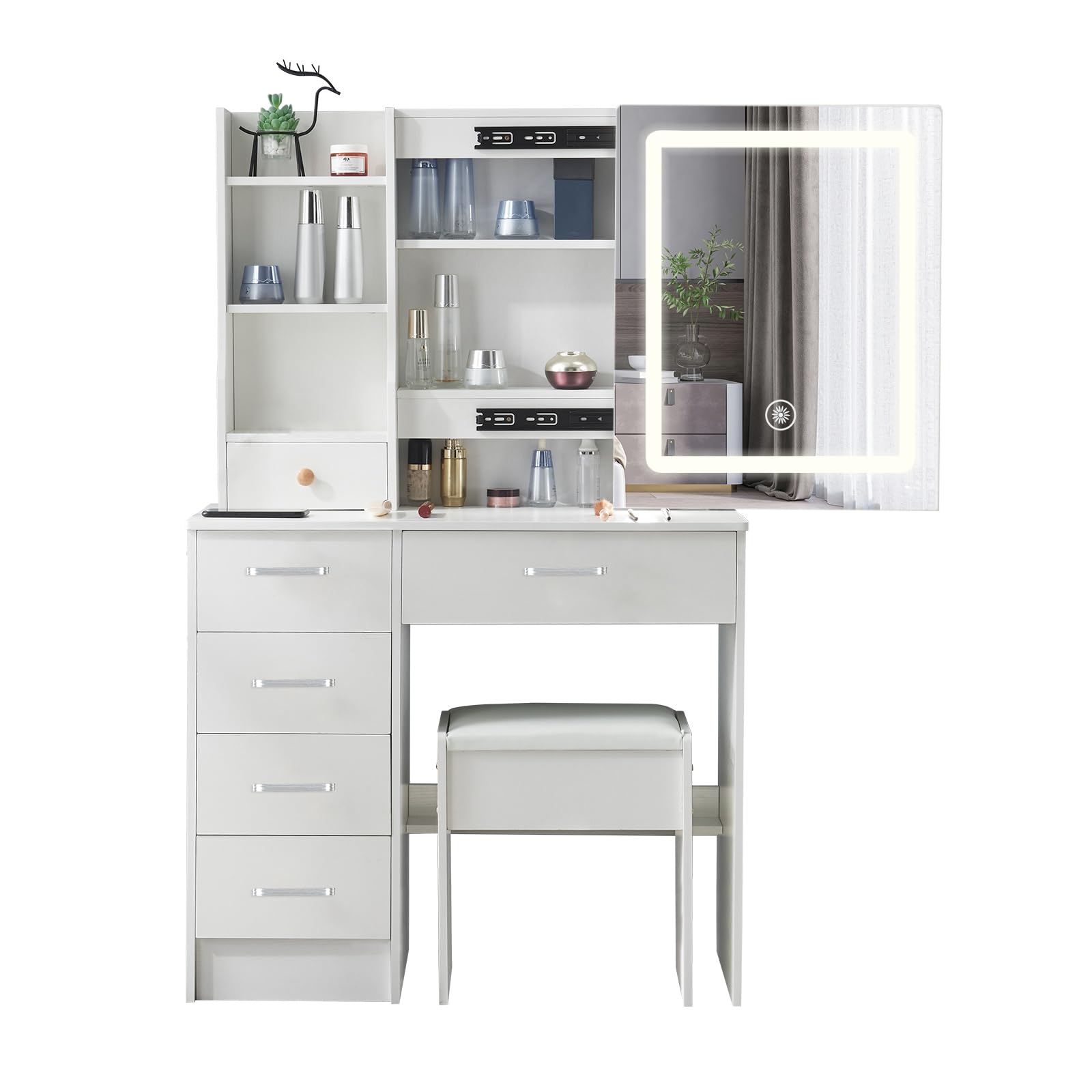 Jarbalai Vanity Desk with Lights, Vanity Table with Lights and Mirror, Makeup Table with 10 LED Lighted Mirror, Dressing Table with 5 Drawers, Makeup Vanity Dresser for Girls Bedroom, White