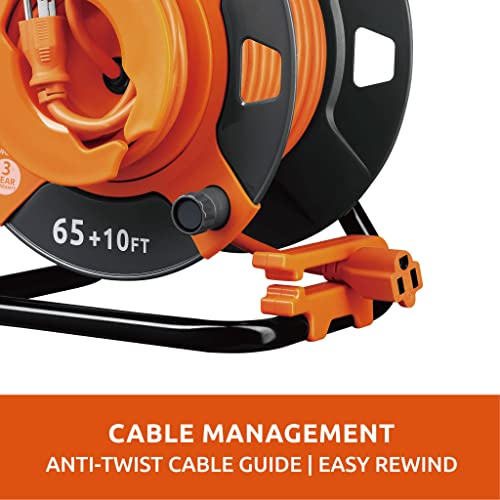 Link2Home Retractable Extension Cord Reel 75 Ft. With 4 Outlets & Heavy Duty/High Visibility 14AWG 3-Prong High SJTW Cord