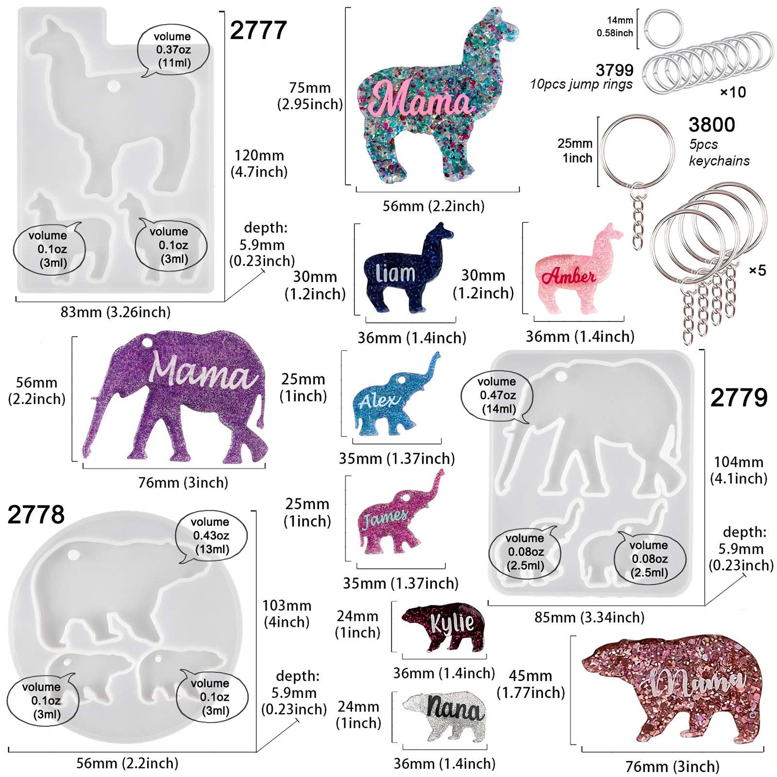 Mama and Baby Keychain Resin Silicone Molds Set with Key Chain Rings Alpaca Bear Elephant for Epoxy Jewelry Casting Kit 18-Count