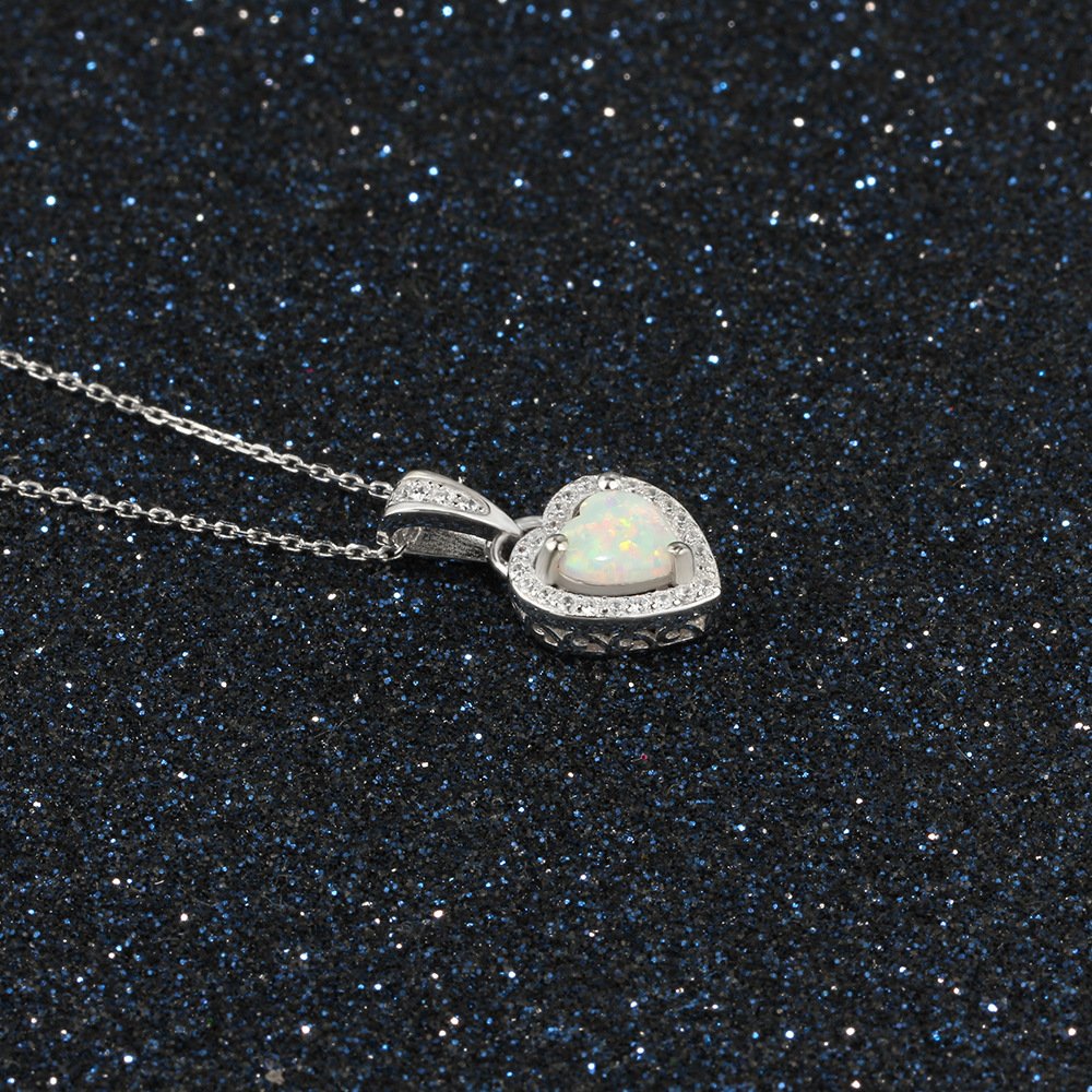 Lam Sence Sterling Silver Heart Shape Created Opal Pendant Necklace (6mm Opal Halo Heart)