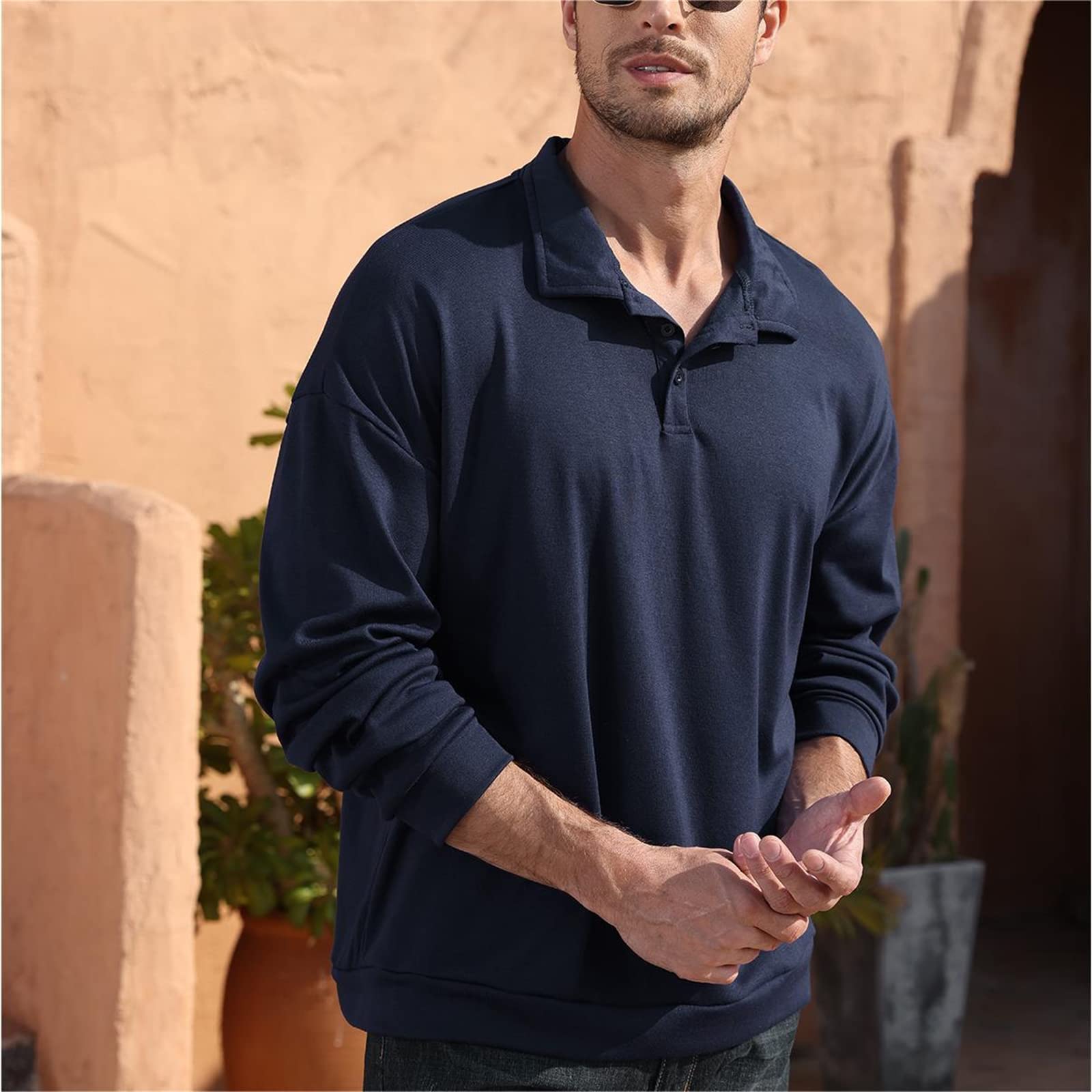 Opomelo Men's Long Sleeve Solid Polo Shirts -Fashion Casual Golf Shirt Collared T Shirts Navy Blue