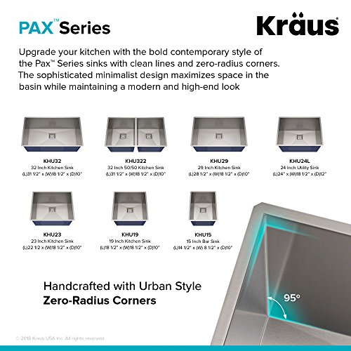 KRAUS Pax 31 1/2-inch 16 Gauge Undermount Single Bowl Stainless Steel Kitchen Sink, KHU32