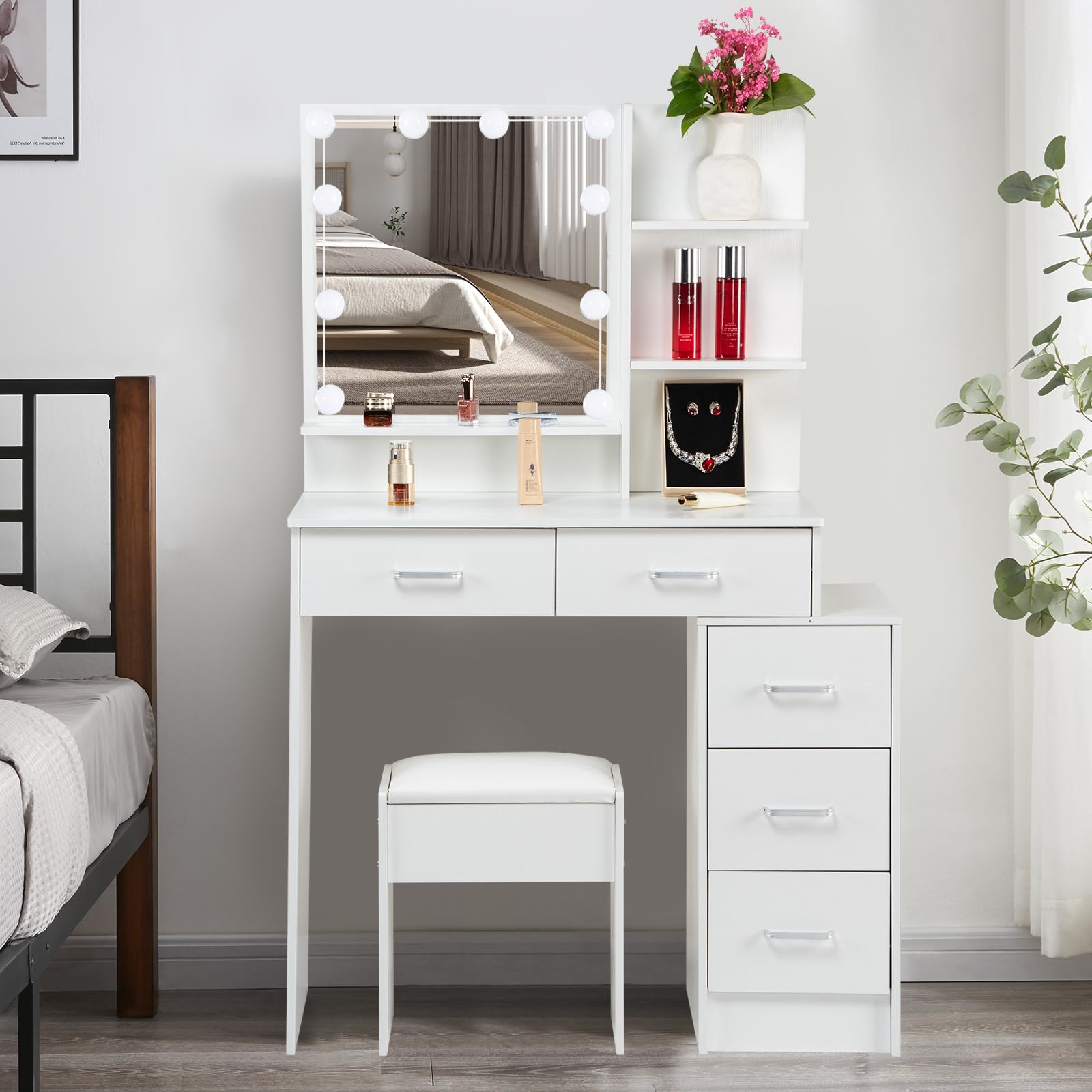 Jarbalai White Vanity Table with Mirror and Lights, Vanity Desk with Bedside Table, Vanity Set with 5 Drawers and Cushioned Stool for Bedroom
