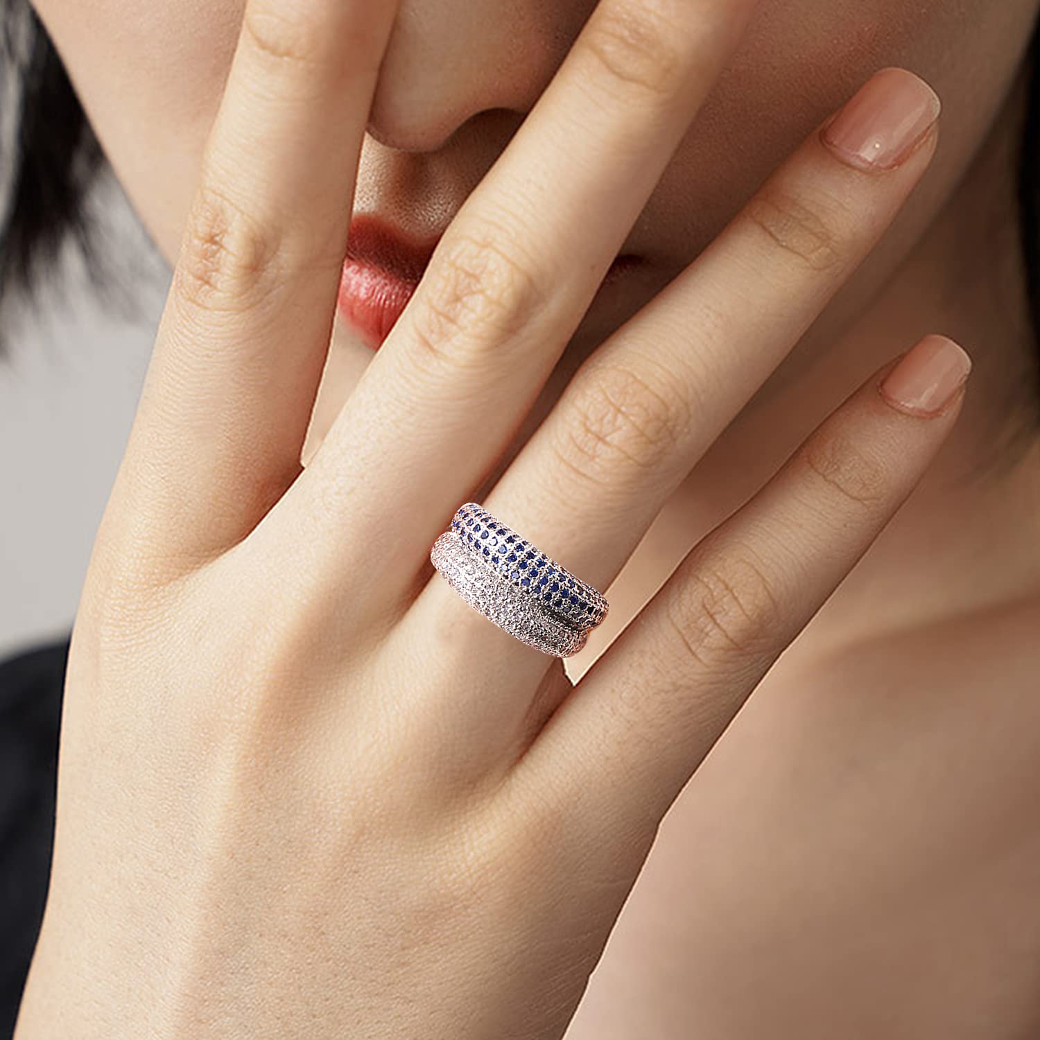 Mozume Two Tone Cubic Zirconia Eternity Rings For Women Double Row Blue Simulated Sapphire Cocktail Ring CZ Band - 14K White Gold Plated (6)