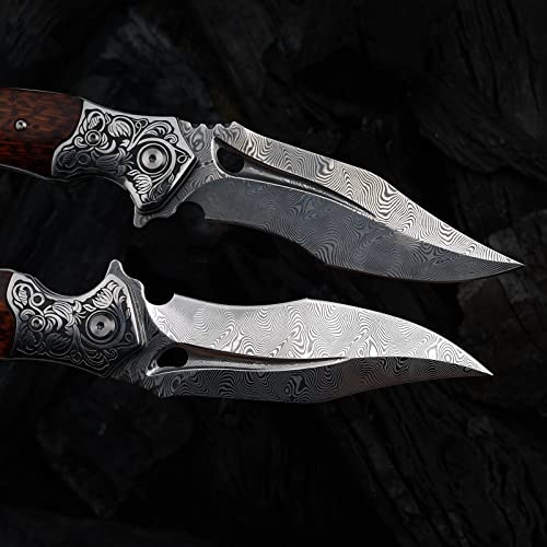 SPIRIT DEED Japanese VG 10 Damascus Steel Folding Knife, Outdoor Wilderness Survival Pocket Knife, Snake Wood Handle Lined Lock, Leather Sheath, EDC Pocket Knife