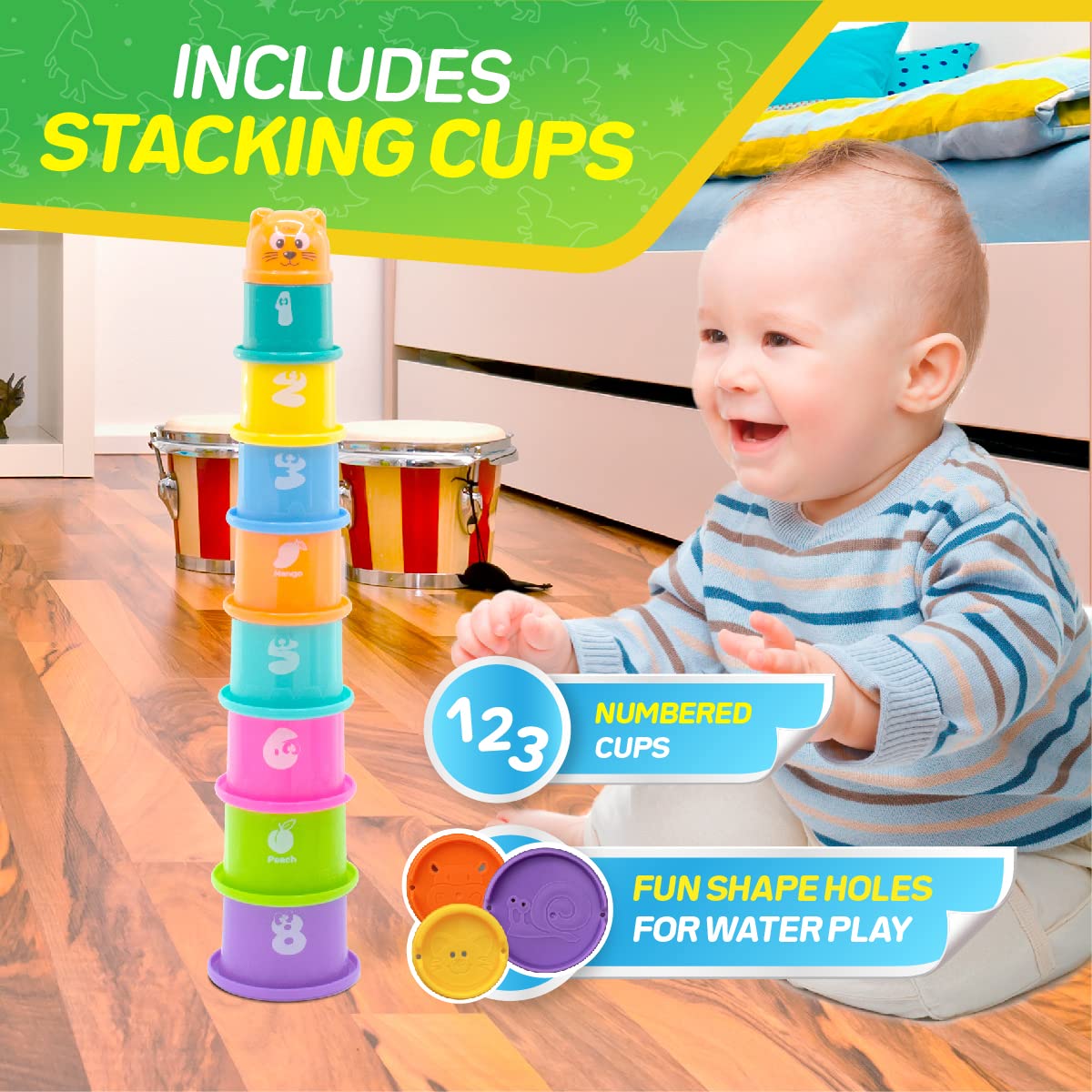 Pidoko Kids Activity Table for Toddlers - Gift Set Bundle for Boys & Girls 18 months and up - includes Stacking Cups and a Zoo Book