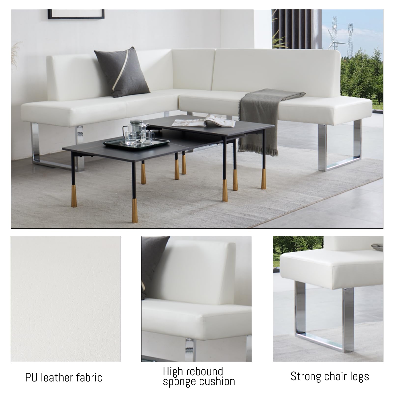 jiexi PU Leather Luxury L Shape Bench, Corner Nook with Metal Leg for Family Kitchen, Sectional Sofa for Living Room, Office, Table is not Included (White)