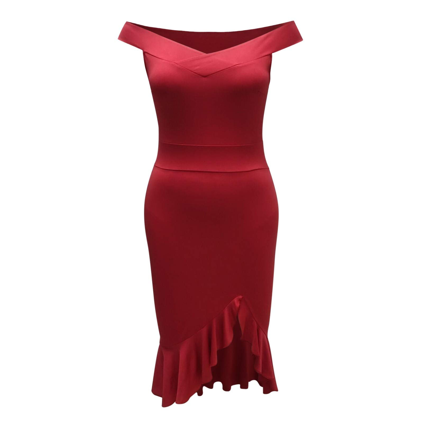 Off Shoulder Wrap Dress for Women Ruffle Side Split Knee-Length Dress Hem Sleeveless Midi Dress Red