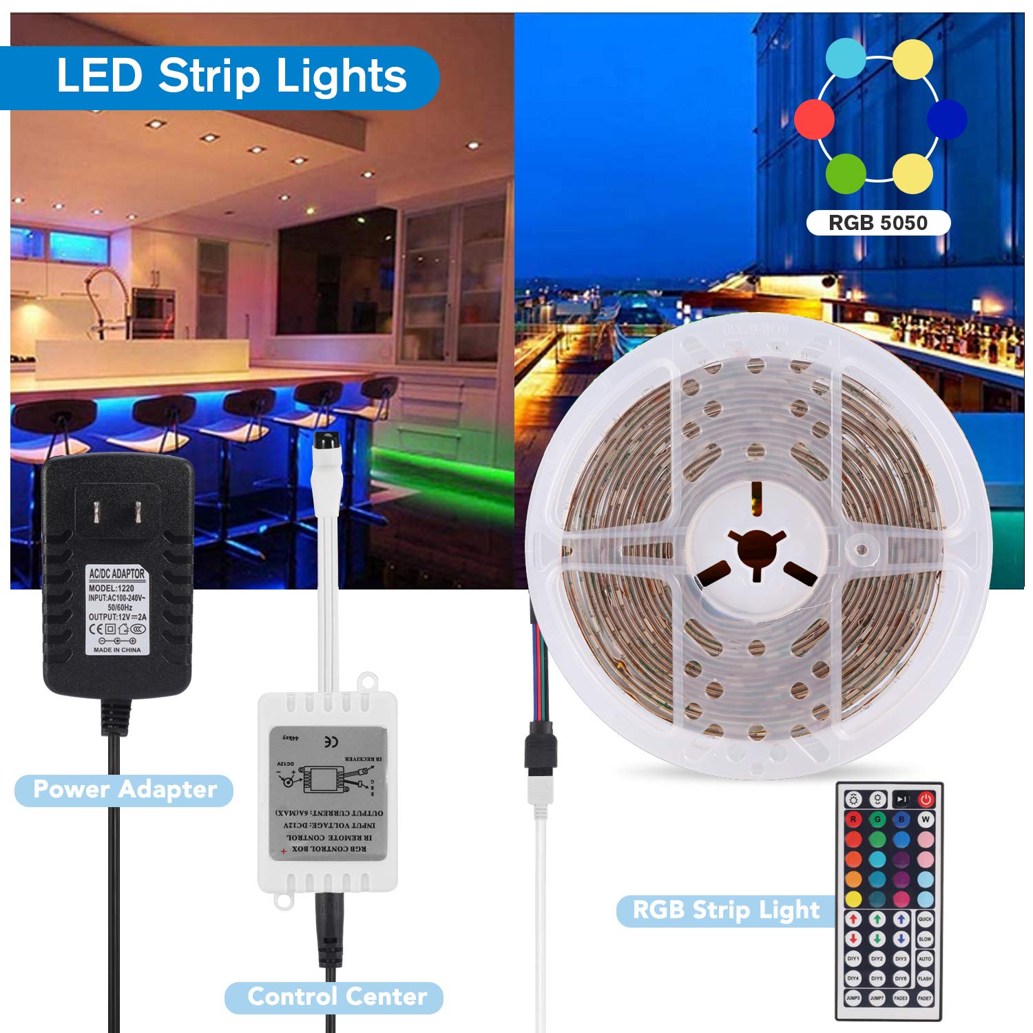 Led Strip Lights,16.4ft Color Changing Strips,RGB LED Light Strips,Dimmable Waterproof Flexible Strip Lights,with 44 Key Remote Controller and 12V Power Supply Tape Light for Bedroom Home Bar Party