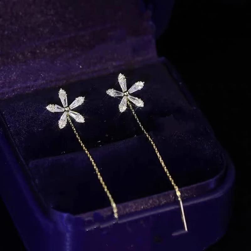 QIEU Shiny Diamond Flower Earrings,Crystal Flowers Tassel Chain Dangle Drop Earrings,Cute Simple Threader Long Chain Statement Studs Earring Jewelry for Women Girls (Sliver)