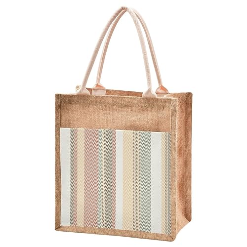 Jute Burlap Tote Bag Yellow Red Green Striped Stripes Geometric Classic Large Capacity Reusable Grocery Shopping Storage Bag