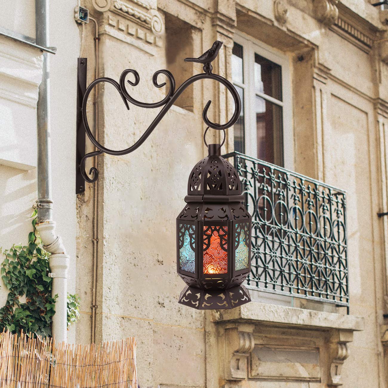 Lewondr Retro Iron Ramadan Candle Lantern, 13.8 Inch Portable Moroccan Wrought Iron Stained Glass Decorative Lantern Candle Holder Hanging Lamp Wind Lantern for Home Decor, Large – Black + Colorful