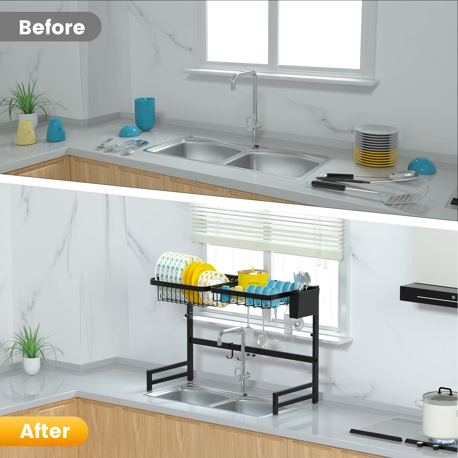 MERRYBOX Over The Sink Dish Drying Rack, Adjustable Length (25.6-33.5in) and Height Over Sink Dish Rack, Dish Drainer with Cutting Board Holder, for Kitchen Sink Counter Organizer Space Saver