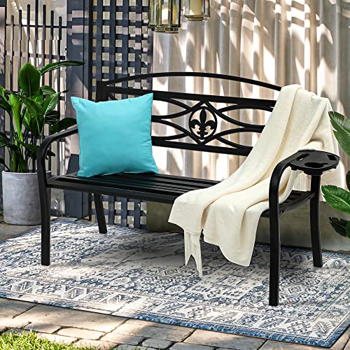 YITAHOME Outdoor Bench 50" Metal Bench with Cup Holder Spear Pattern Patio Bench with Backrest and Armrest for Porch Lawn Balcony Backyard and Indoor Black