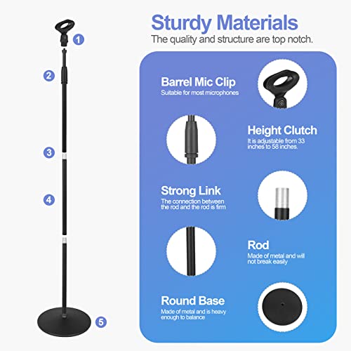 OUKMIC Microphone Stand, Adjustable Karaoke Mic Holder for Singing, Universal Floor Standing Detachable Mike Stand with Weighted Round Base, Cable Clip, Barrel Mic Clip and Tray for Kids Adults