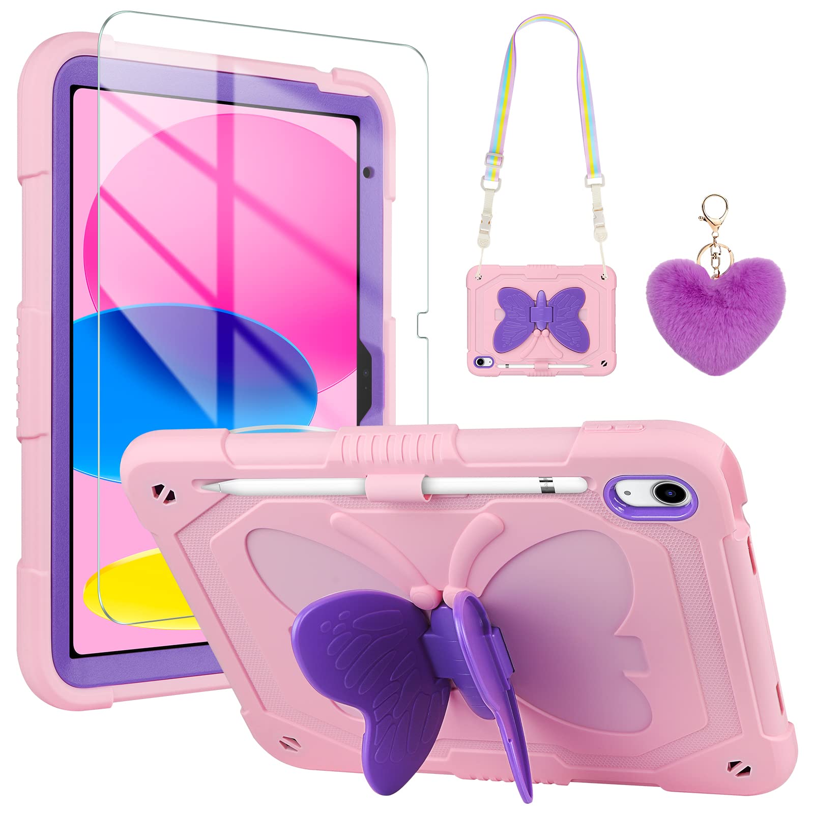 WESADN for iPad 10th Generation Case 2022 with Butterfly Kickstand/Screen Protector/Lanyard/Keychain Case with Pencil Holder for Girls Tablet Cover for iPad 10th Gen 10.9'' Rainbow Pink