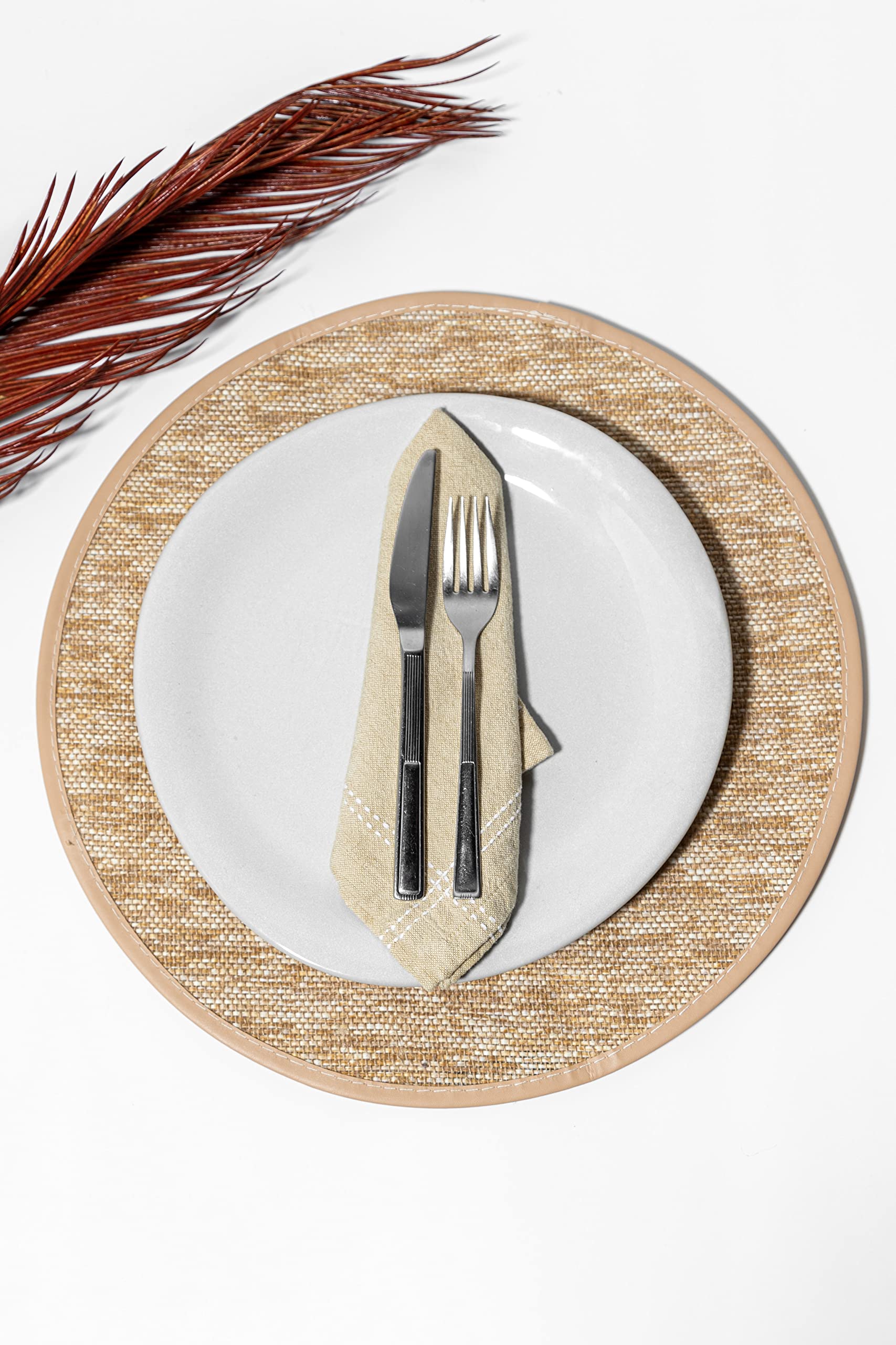Jute Placemat with Leather Border, Burlap Placemats, Jute Rustic Table Mats for Dining Tables Heat Resistant, Table Mats, BBQ's, Everyday Home Decor Set of 12, Round Placemats, Fall Placemats