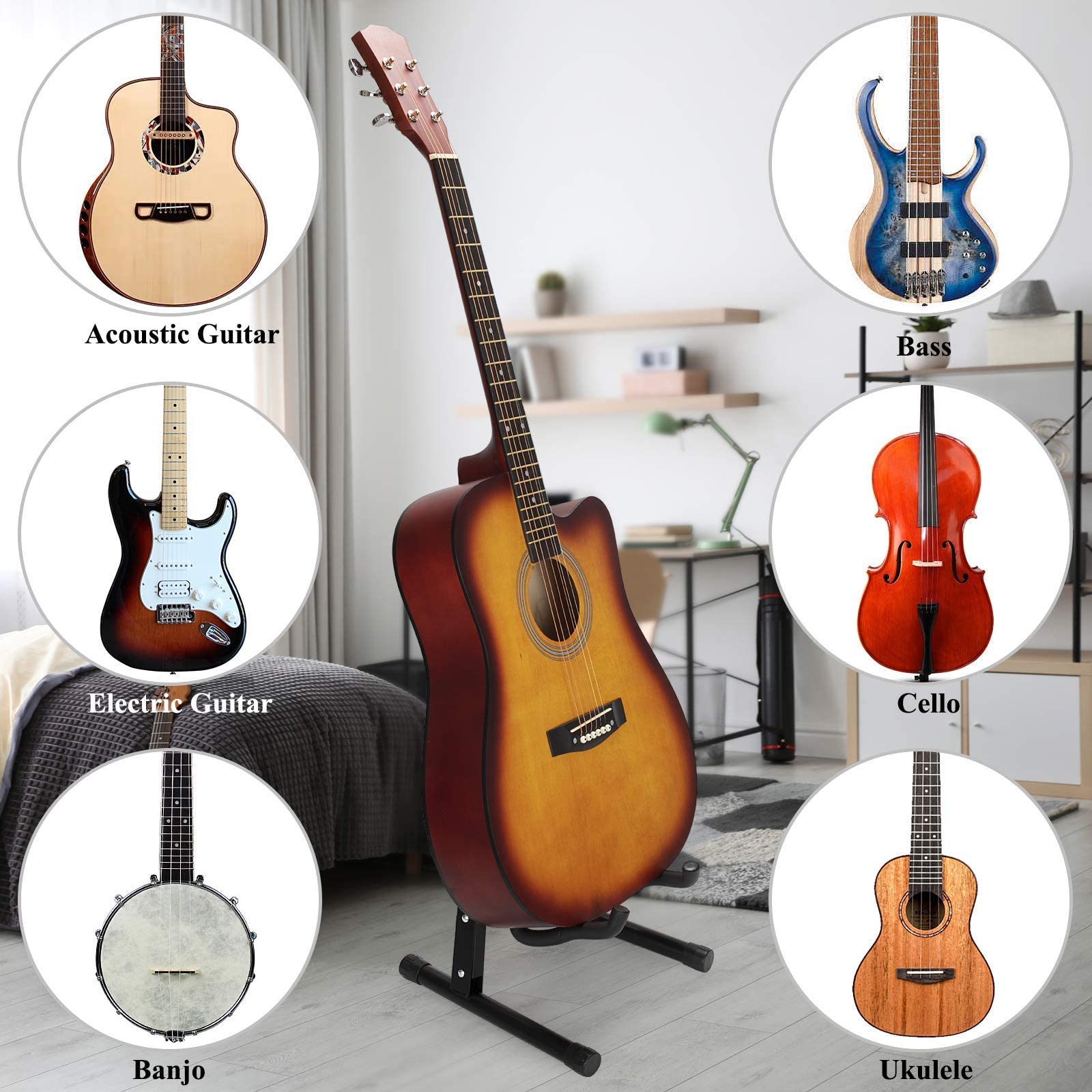 Musmtrull Guitar Stand Acoustic Guitar Stand Holder Foldable A-Frame Guitar Floor Stand for Electric, Classical, Bass, Banjo, Mandolin, Cello - 1 Pack Black