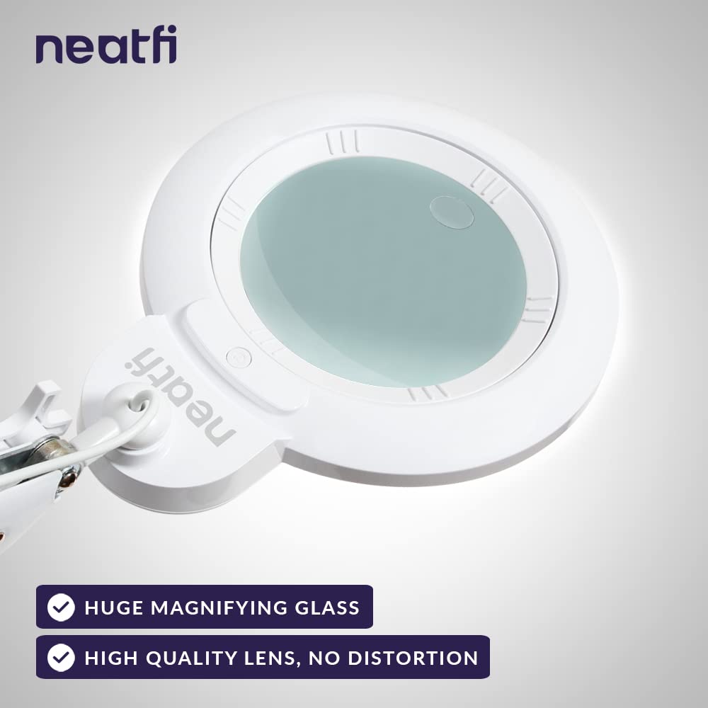 Neatfi XL Bifocal LED Magnifying Lamp, 7-Inch Acrylic Lens, 5D/20D Magnification, Hands-Free, Dimmable, 84 SMD LED, Adjustable Arm for Crafts, Reading, Close Work (with Clamp, White)